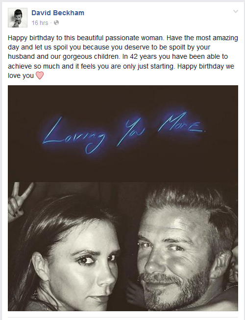 Beckham chúc Victoria một sinh nhật ngọt ngào