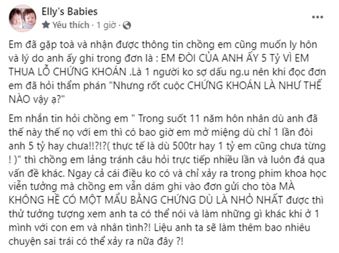 Chồng ngoại quốc tố Elly Trần đòi mình 5 tỷ vì thua chứng khoán, lộ ...